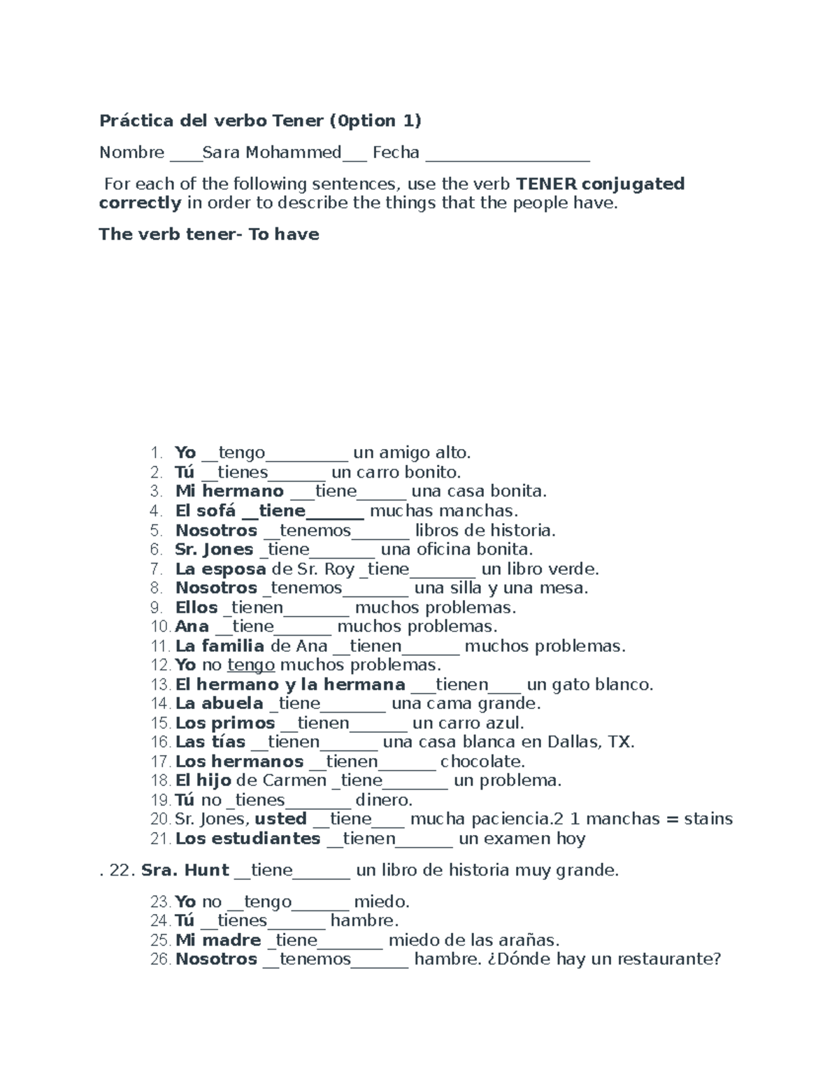 Práctica del verbo TENER - Ejercicios para aprender conjugaciones - Studocu