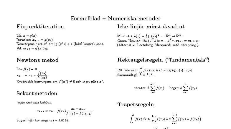 Numeriska Metoder - Formelsamling (Kurskod: NM101) - Studocu