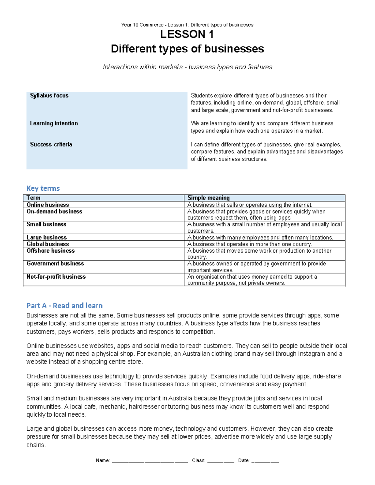 Year 10 Commerce Lesson 1: Exploring Business Types and Features - Studocu