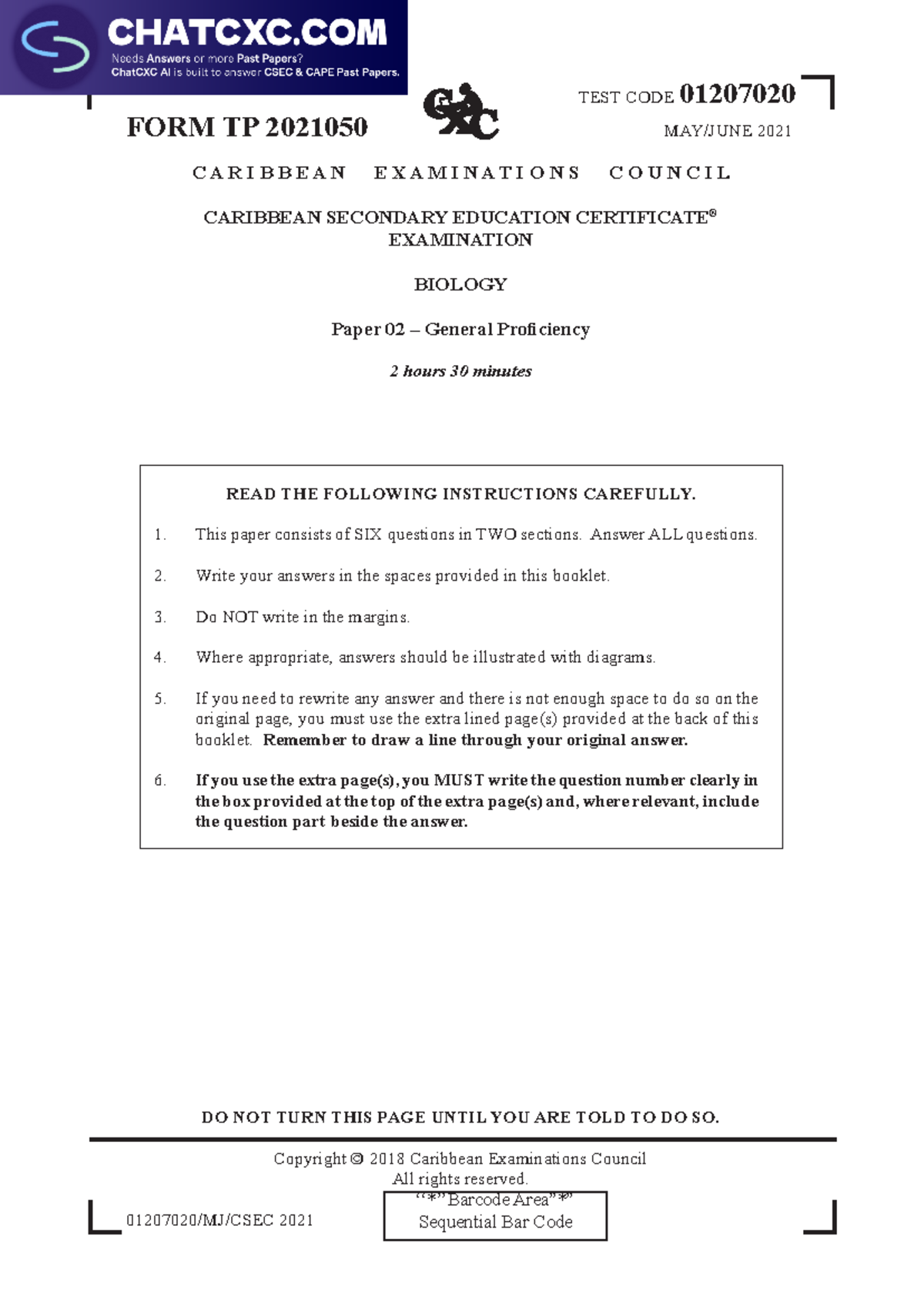 CSEC Biology Paper 02 Exam 2021 - Test Code 01207020 - Studocu