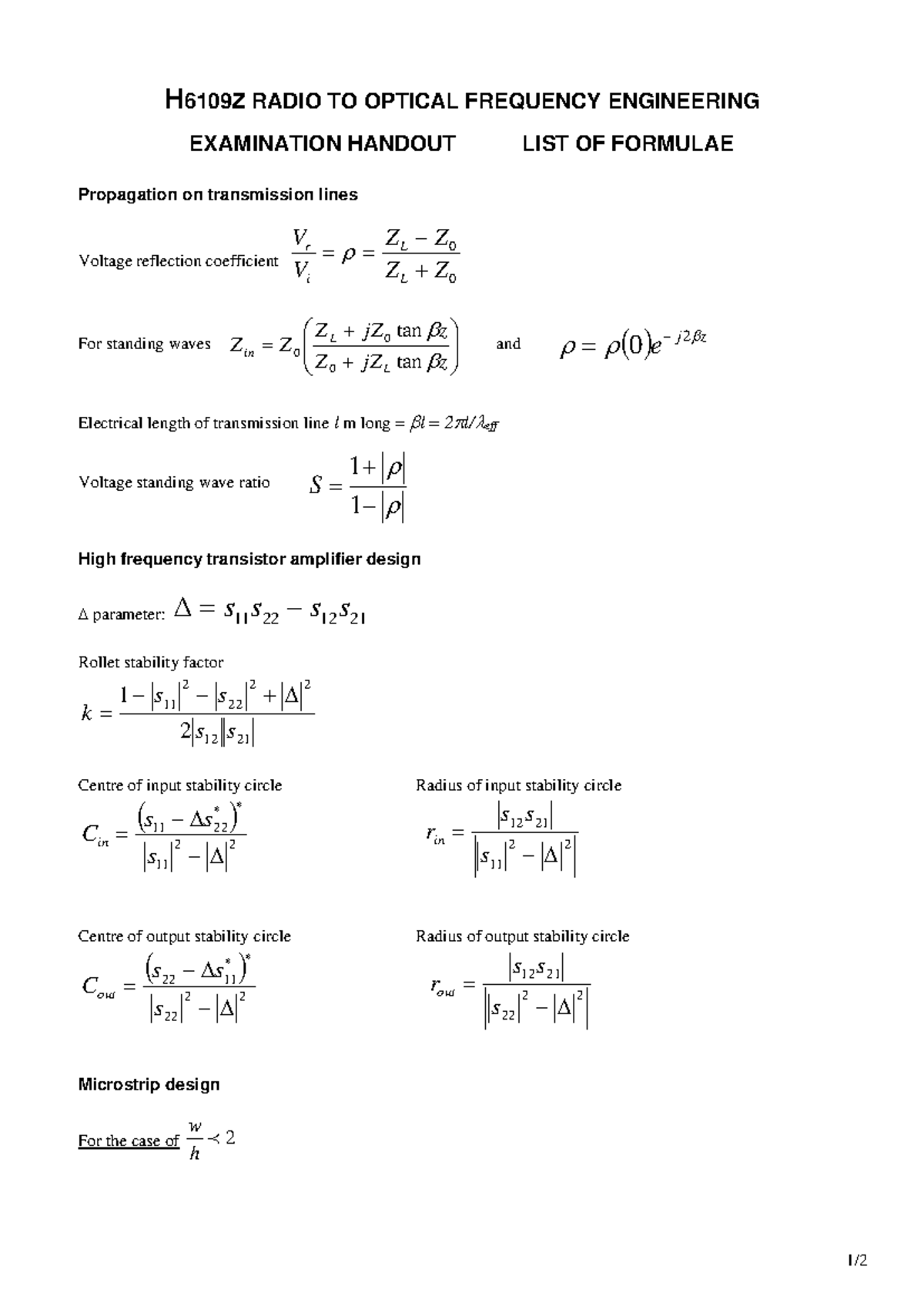 H 6109 Z Radio Frequency Engineering - Exam Formula Sheet - 1 / H 6109 ...