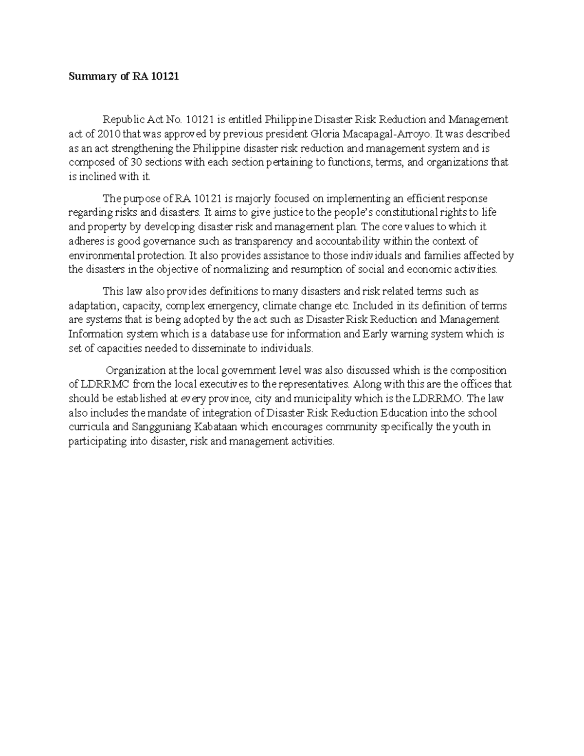 Summary RA 10121 - Summary of RA 10121 Republic Act No. 10121 is ...