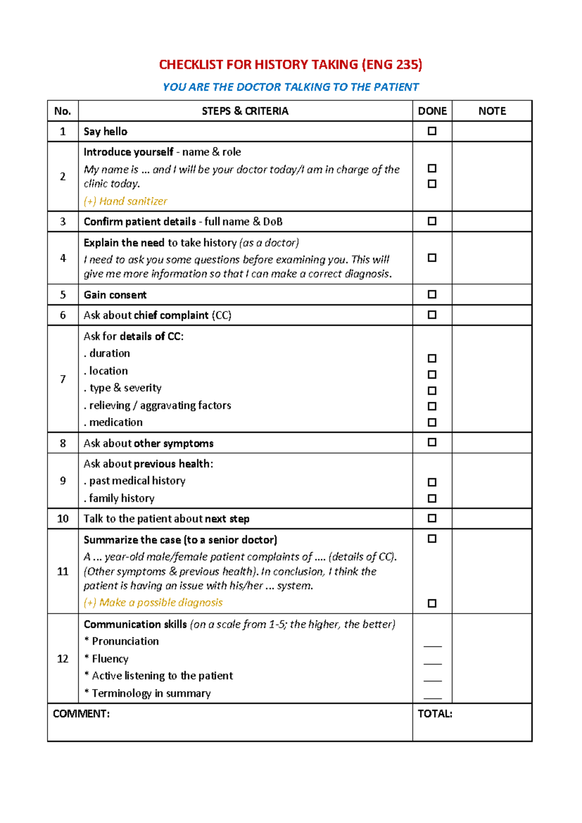 HISTORY TAKING CHECKLIST FOR ENG 235: PATIENT INTERVIEW STEPS - Studocu