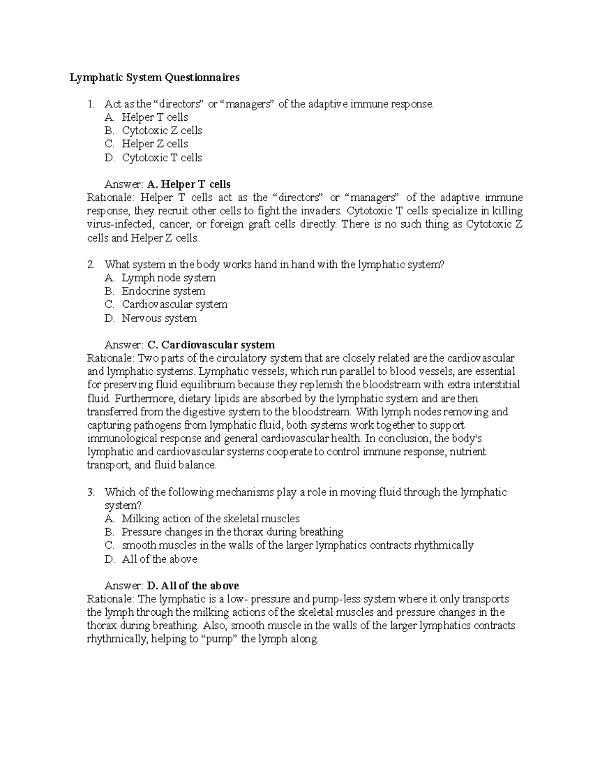 Lymphatic System Questionnaires: Insights on Immune Response - Studocu