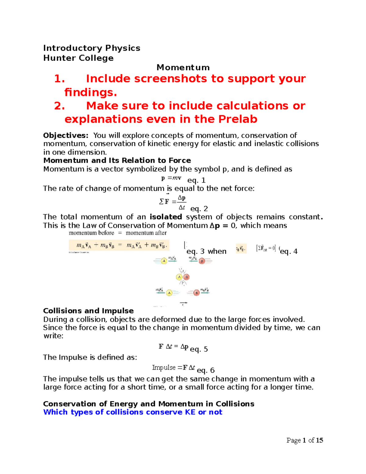 Lab 6 Momentum - Introductory Physics Hunter College Momentum 1 ...