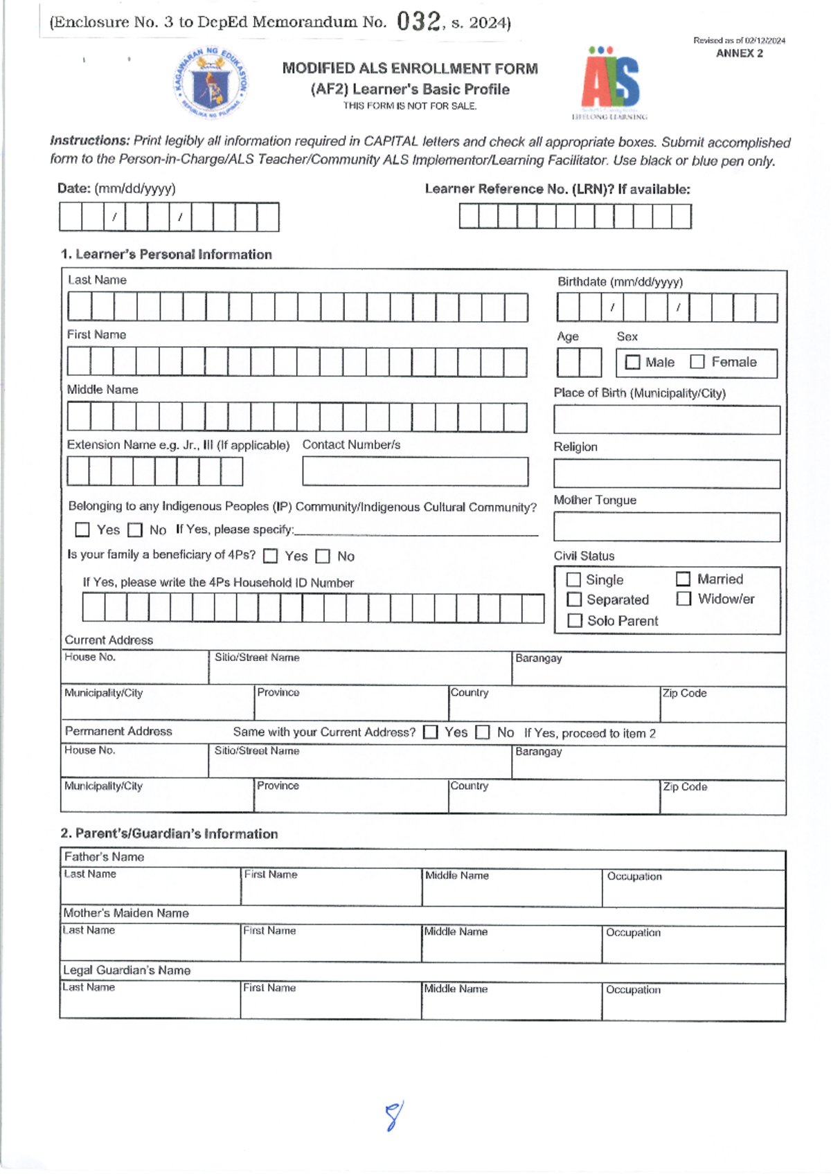 Modified ALS Enrollment Form (AF2) for 2024-2025 Academic Year - Studocu