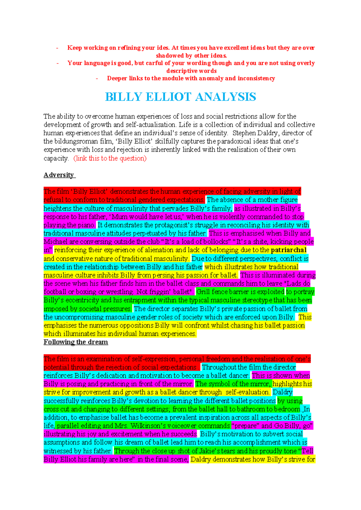 BILLY ELLIOT Essay Feedback: Refining Ideas and Analysis - Studocu