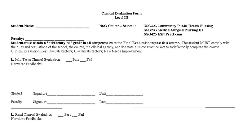 NSG323/NSG233/NSG425 Final Clinical Evaluation Form - Studocu