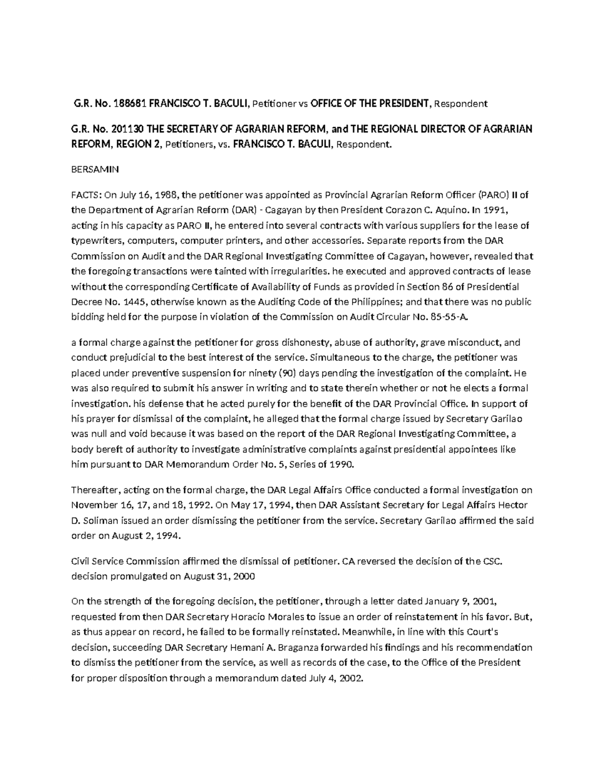 G.R. No. 188681 & 201130: Baculi vs. Office of the President Case ...
