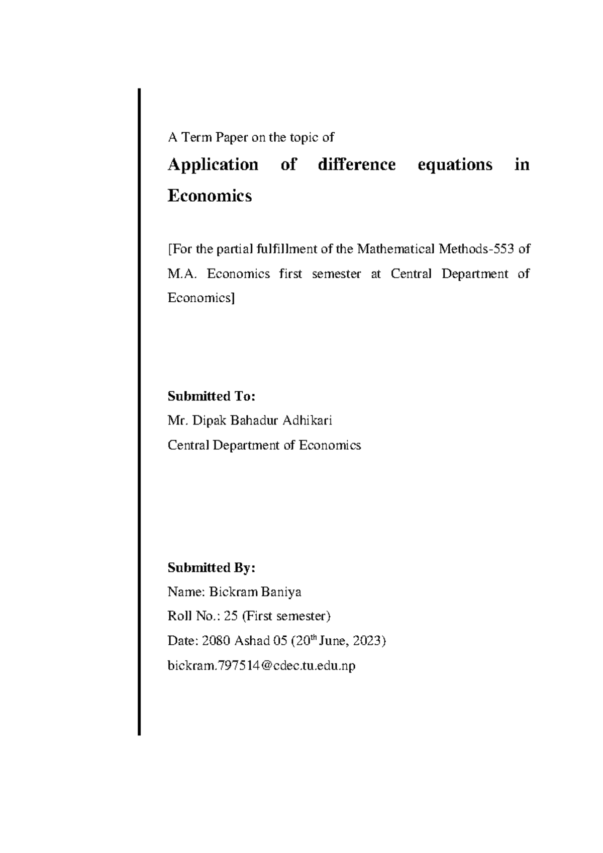 **Mathematical Methods-553: Difference Equations in Economics Term ...