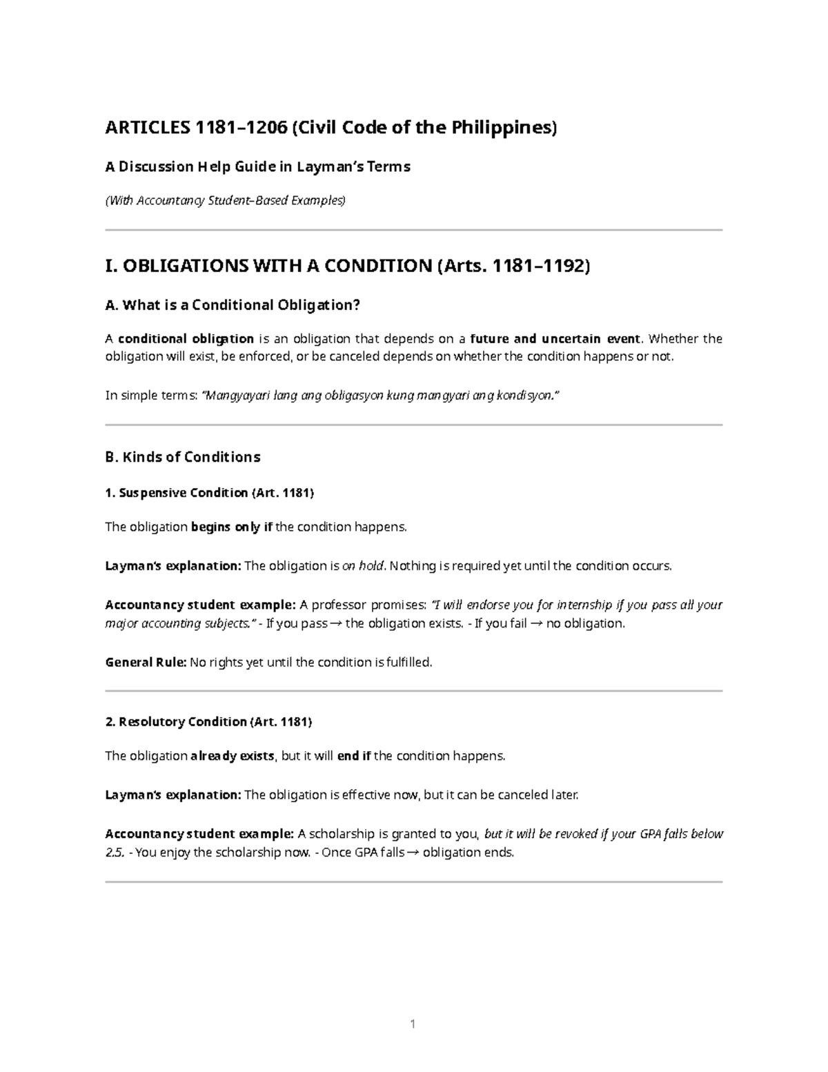 Discussion Guide on Articles 1181-1206 of the Civil Code (With ...