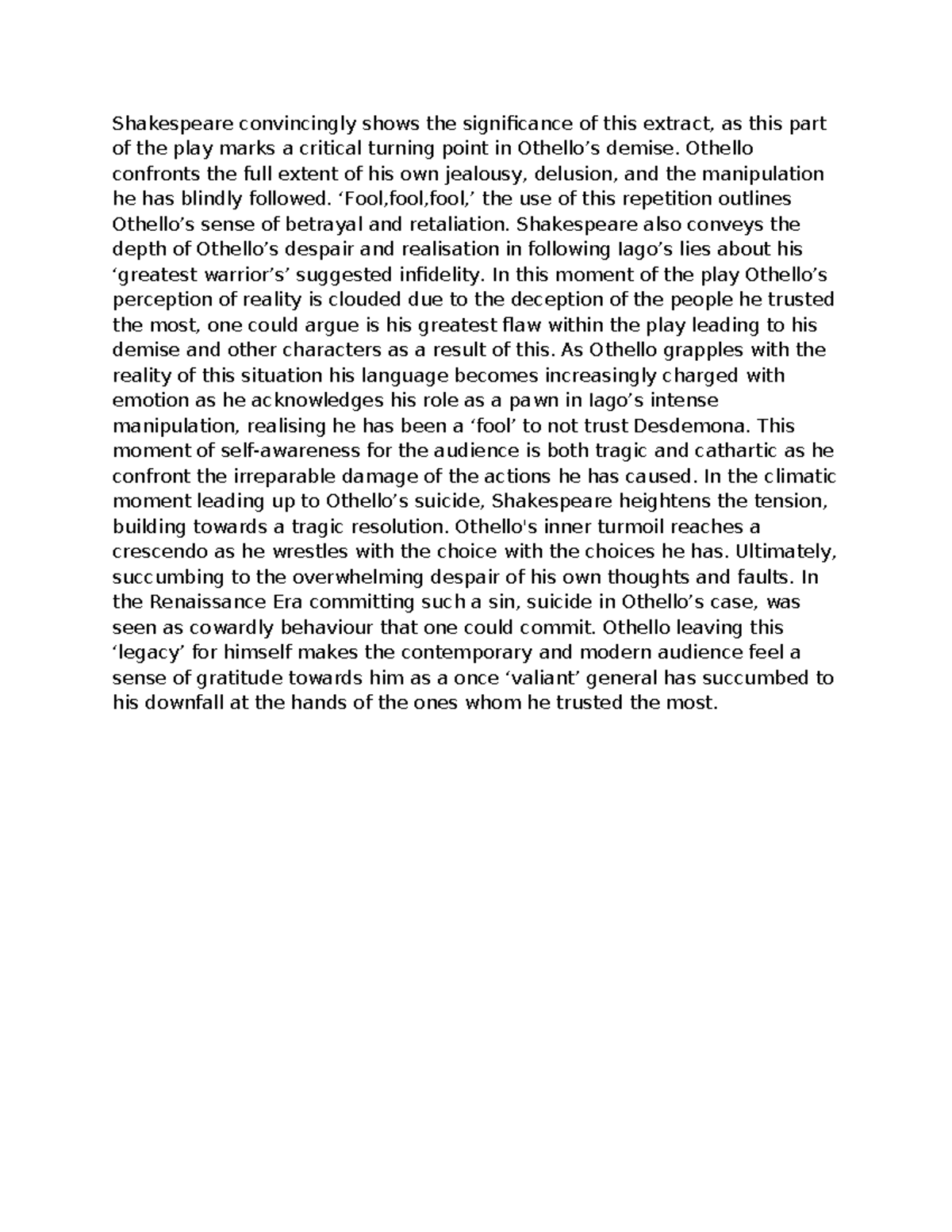 Othello - Act 5 Scene 2 Analysis and Significance Insights - Studocu