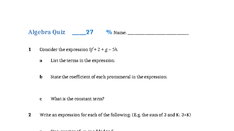 Algebra Quiz CH5: Expressions, Coefficients, and Simplification - Studocu