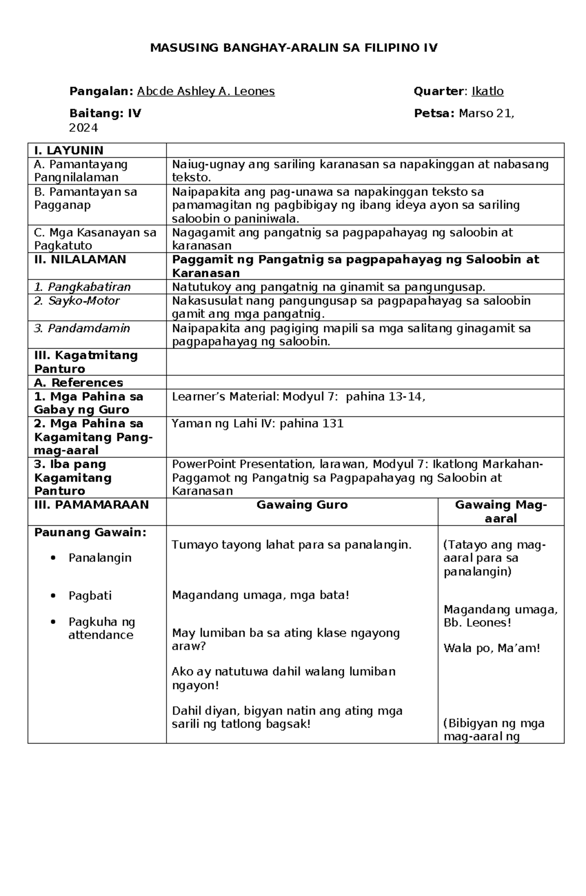 DETAILED LESSON PLAN ON PANGATNIG FOR FILIPINO IV - Studocu