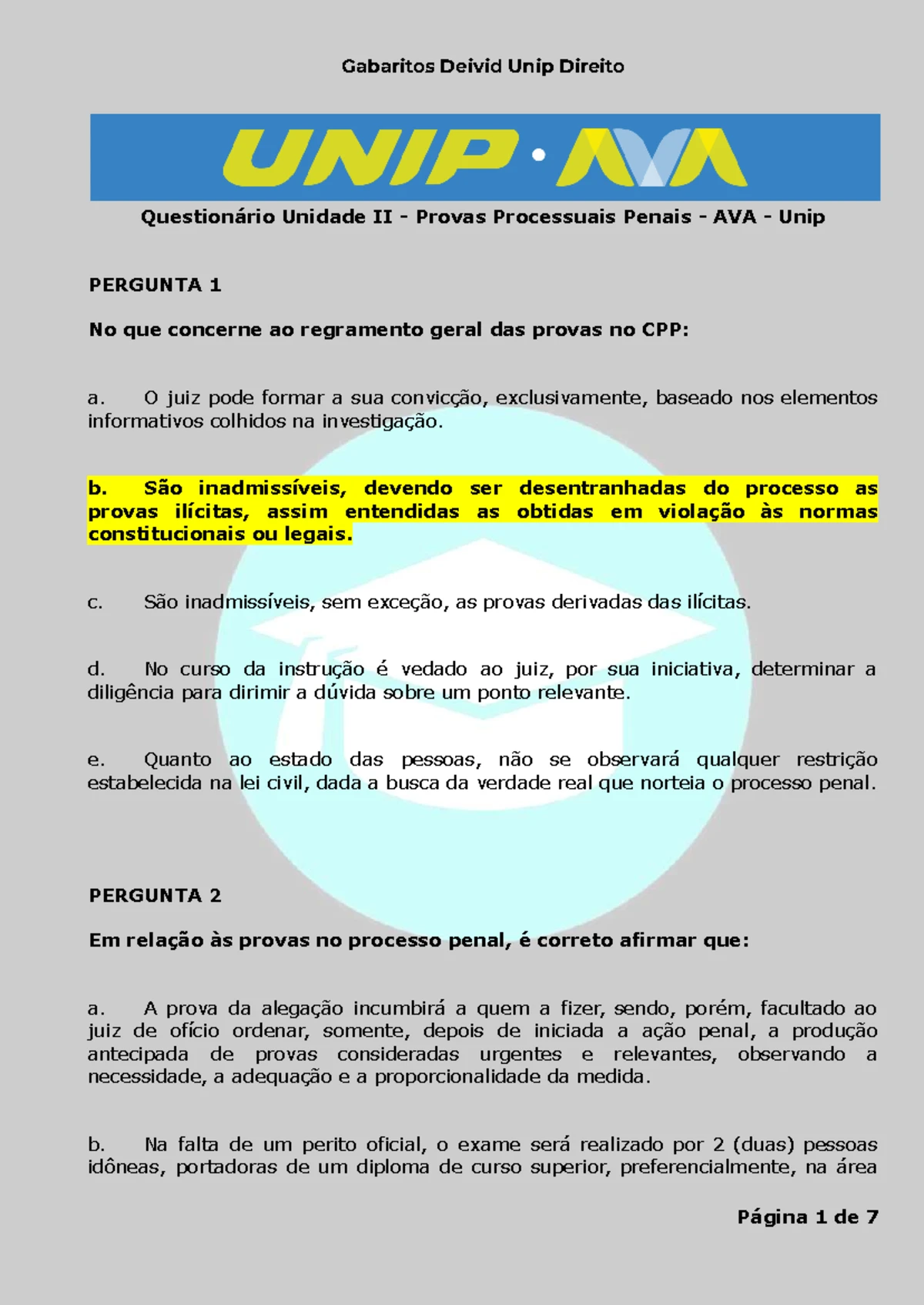Respostas e Análises do Questionário - Provas Processuais Penais D31C ...