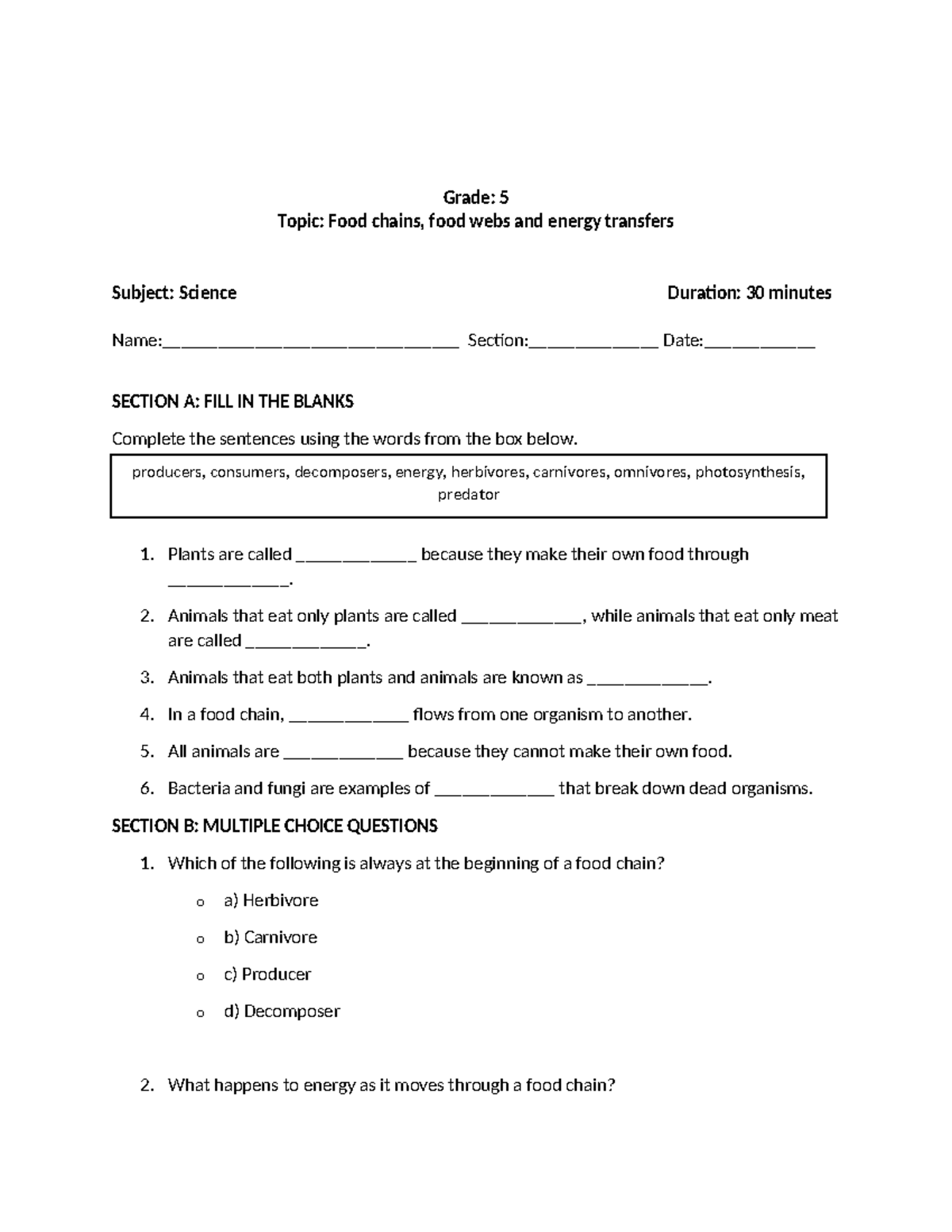 Food Chain & Energy Transfers - Grade 5 Science Worksheet - Studocu
