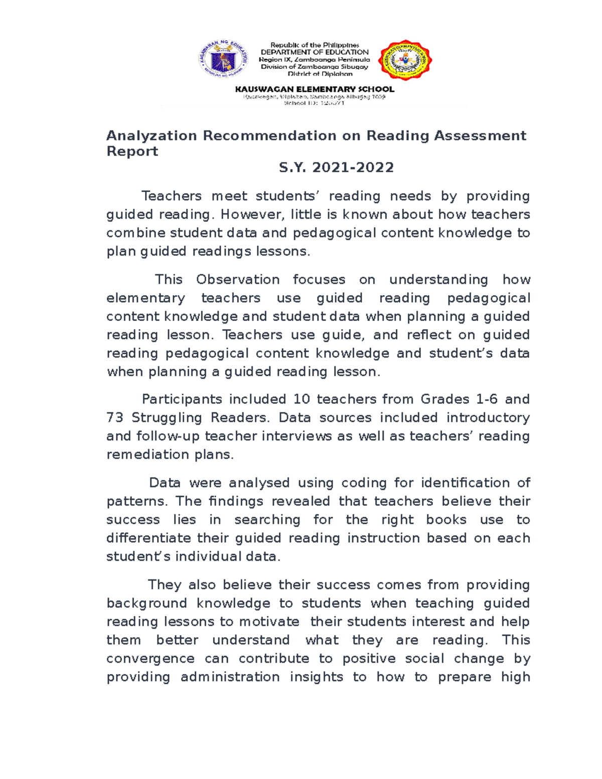 Analyzation Recommendation on Reading Assessment Report - 2021 ...