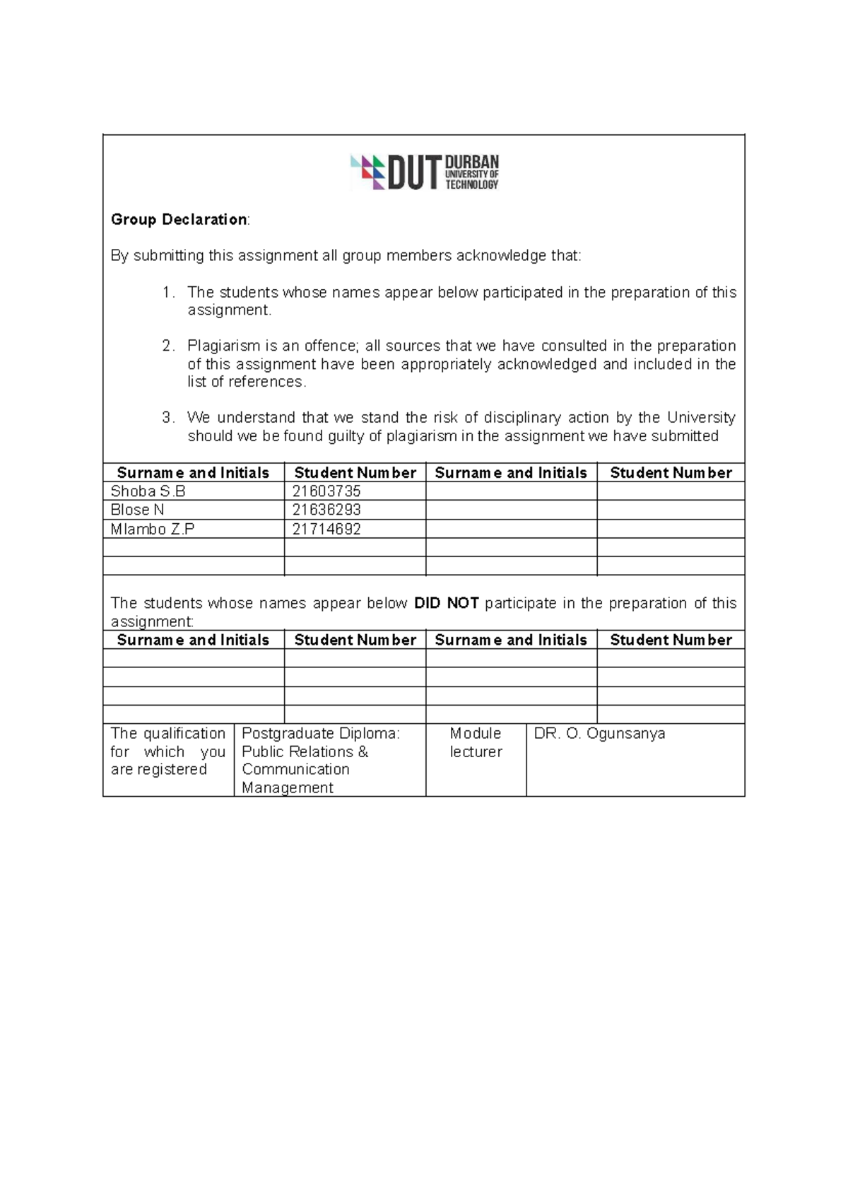 APSM081 Group Assignment - Group Declaration: By submitting this ...