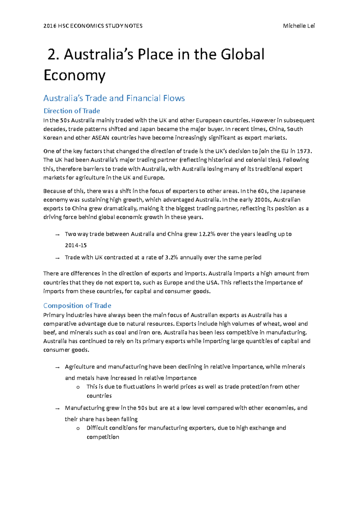 2016 HSC ECONOMICS STUDY NOTES: Australia's Global Economic Position ...