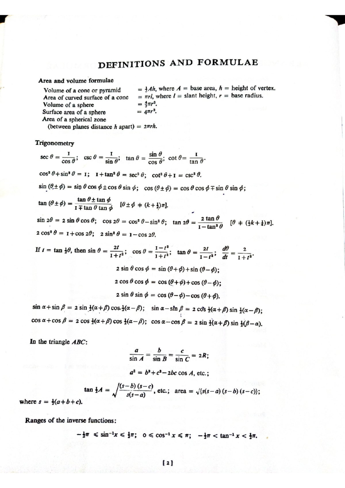 DEFINITIONS AND FORMULAE: Key Concepts in Math (Document 7) - Studocu