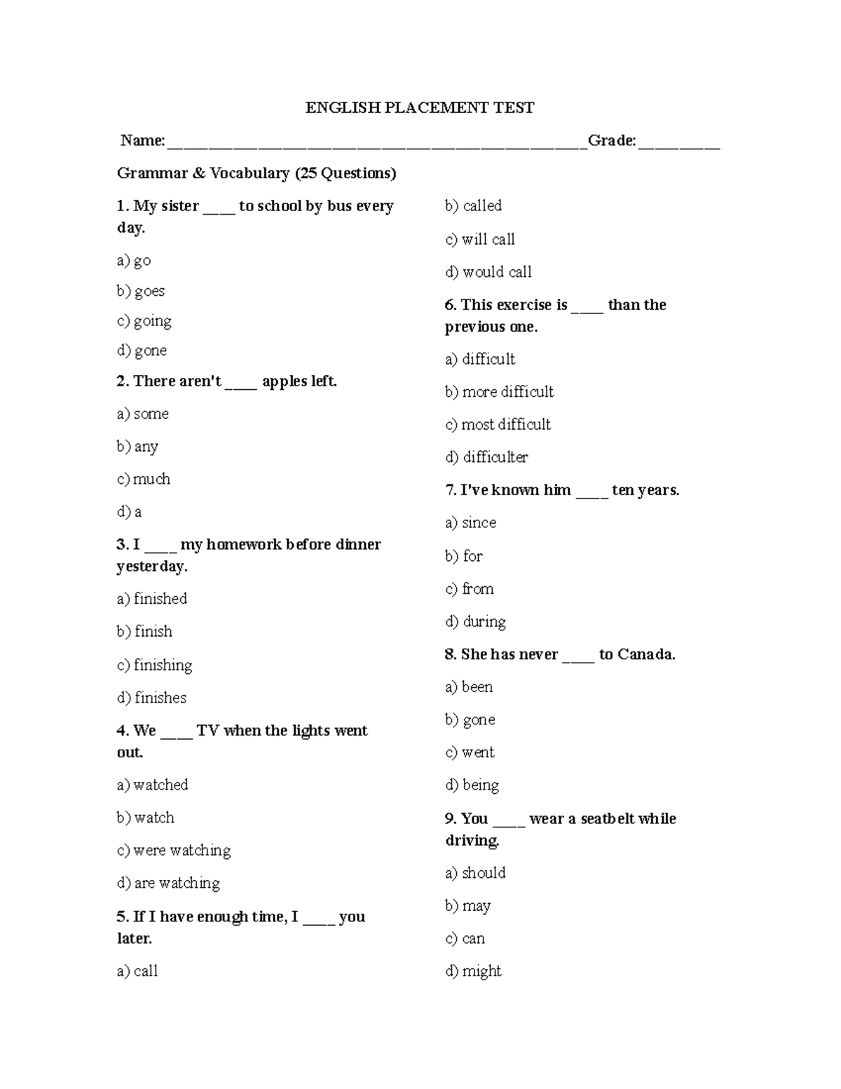 ENGLISH PLACEMENT TEST: Grammar & Vocabulary Practice (25 Qs) - Studocu