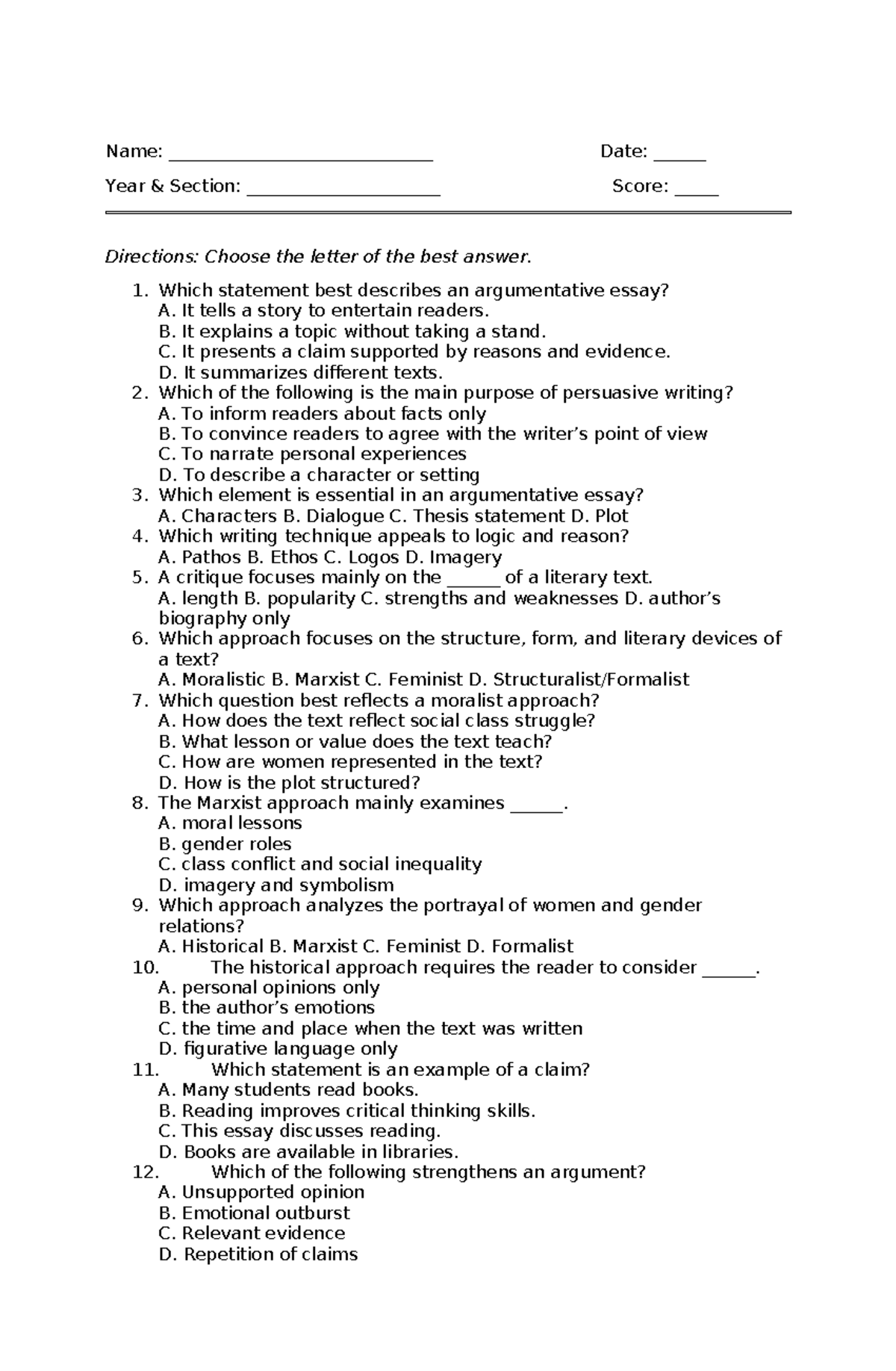 Grade 10 English Exam – Argumentative Writing & Lit Criticism - Studocu