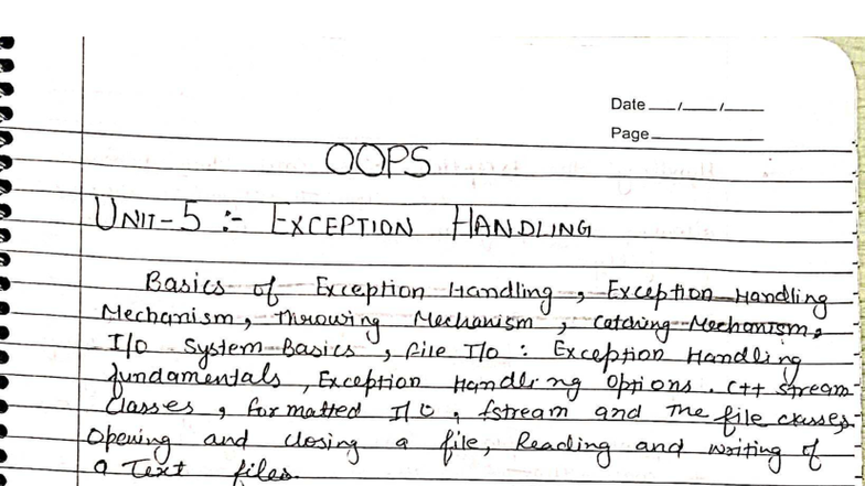 Unit-5 OOPs - Unit 5 OOP - Date Page OOPS EXCEPTION HANDLING Basics of Exception Handling ...
