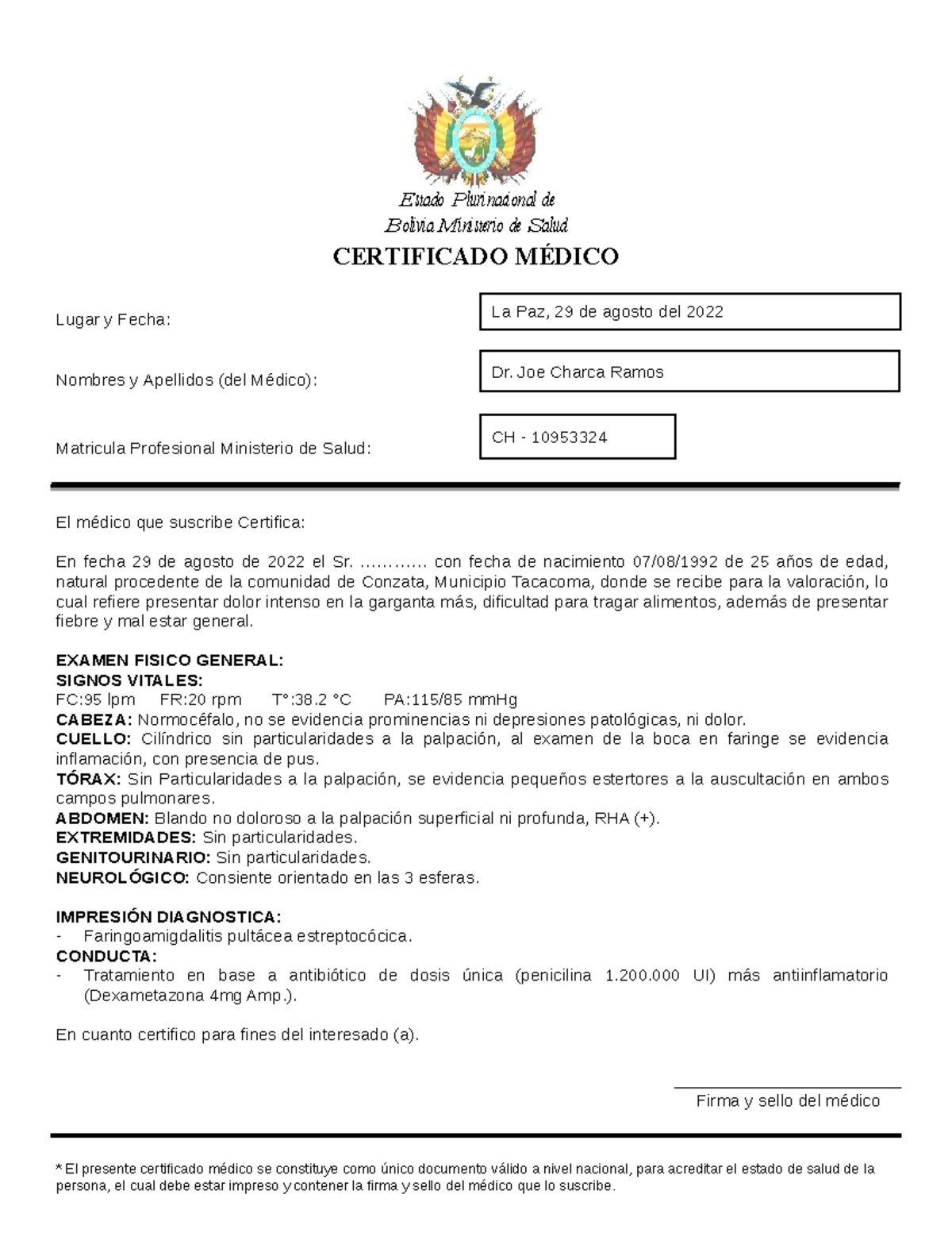 Certificado Médico Modelo para Valorar Estado de Salud en Bolivia - Studocu