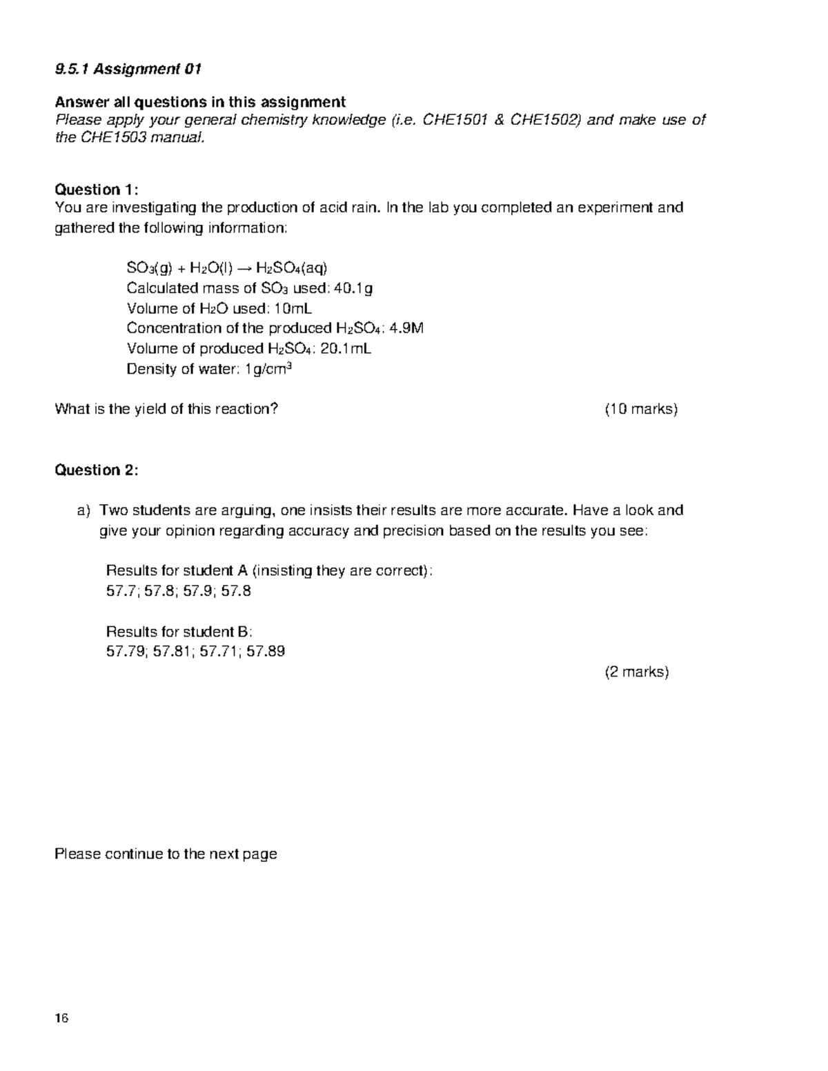 Assignment 01 - CHE1503 - General Chemistry 2023 Exam Questions - Studocu