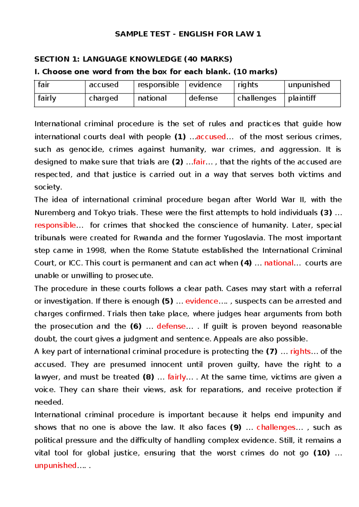 Sample Test for English for Law 1: Language Knowledge & Use - Studocu