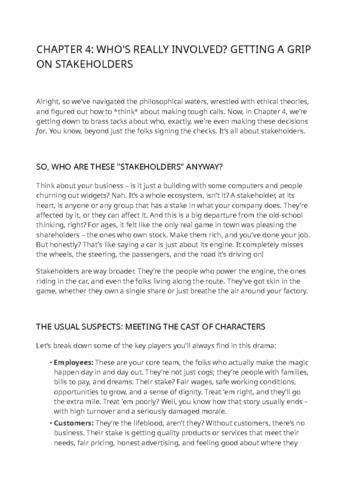 BUSINESS ETHICS CHAPTER 4: UNDERSTANDING STAKEHOLDERS - Studocu