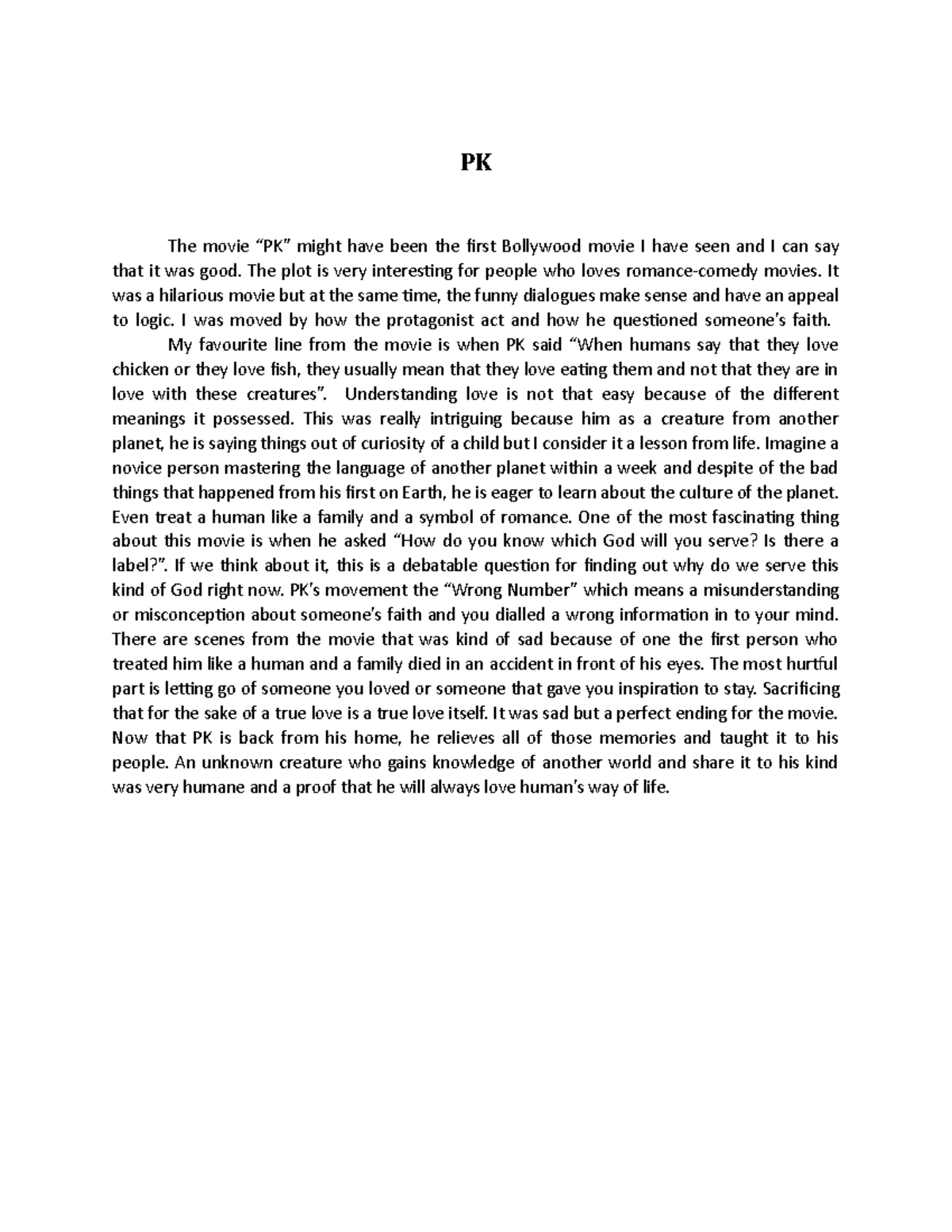 PK: Insightful Reaction Paper on the Movie's Themes and Messages - Studocu