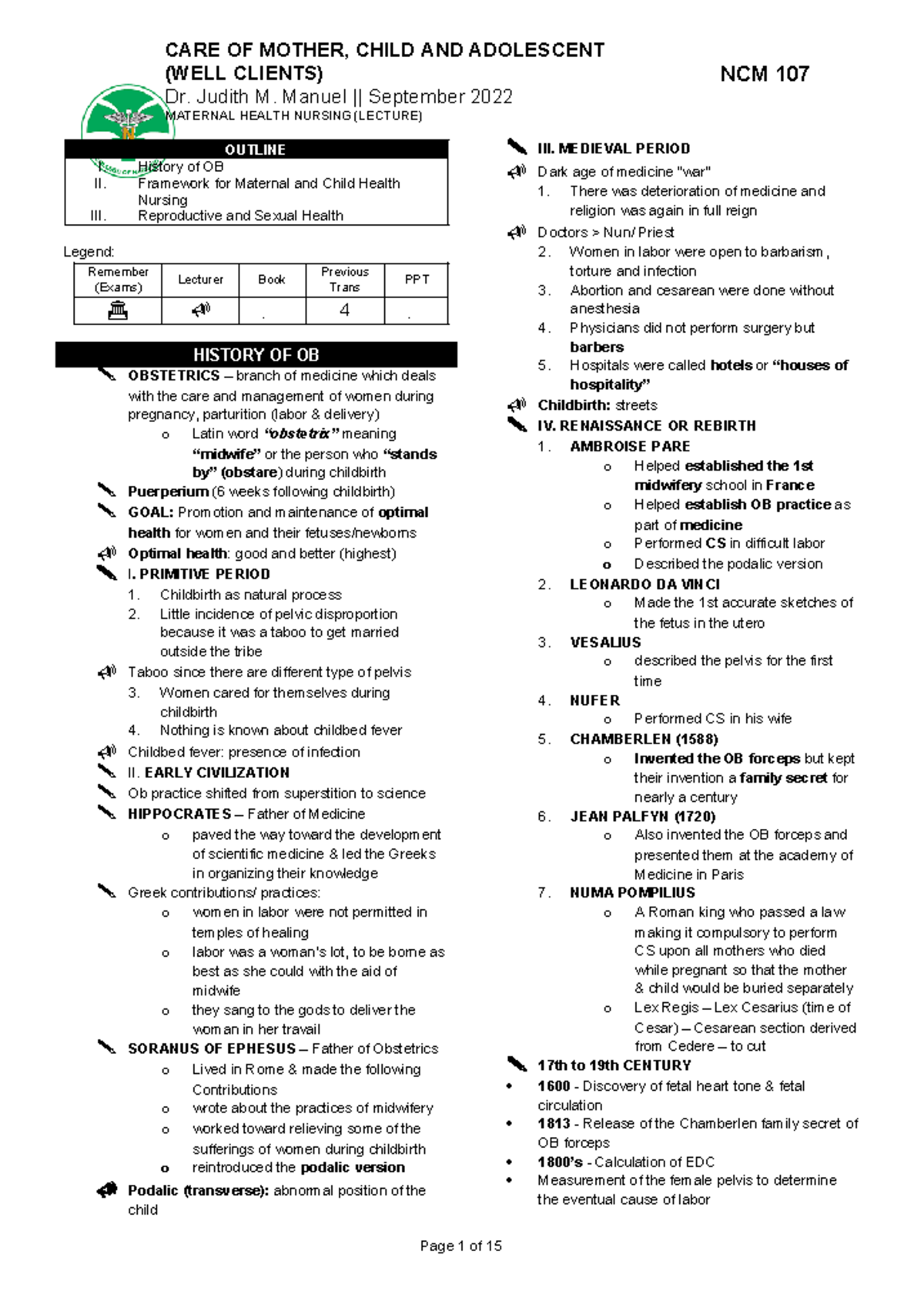 Maternal & Child Health Nursing Outline - NCM 107 Lecture Notes - Studocu