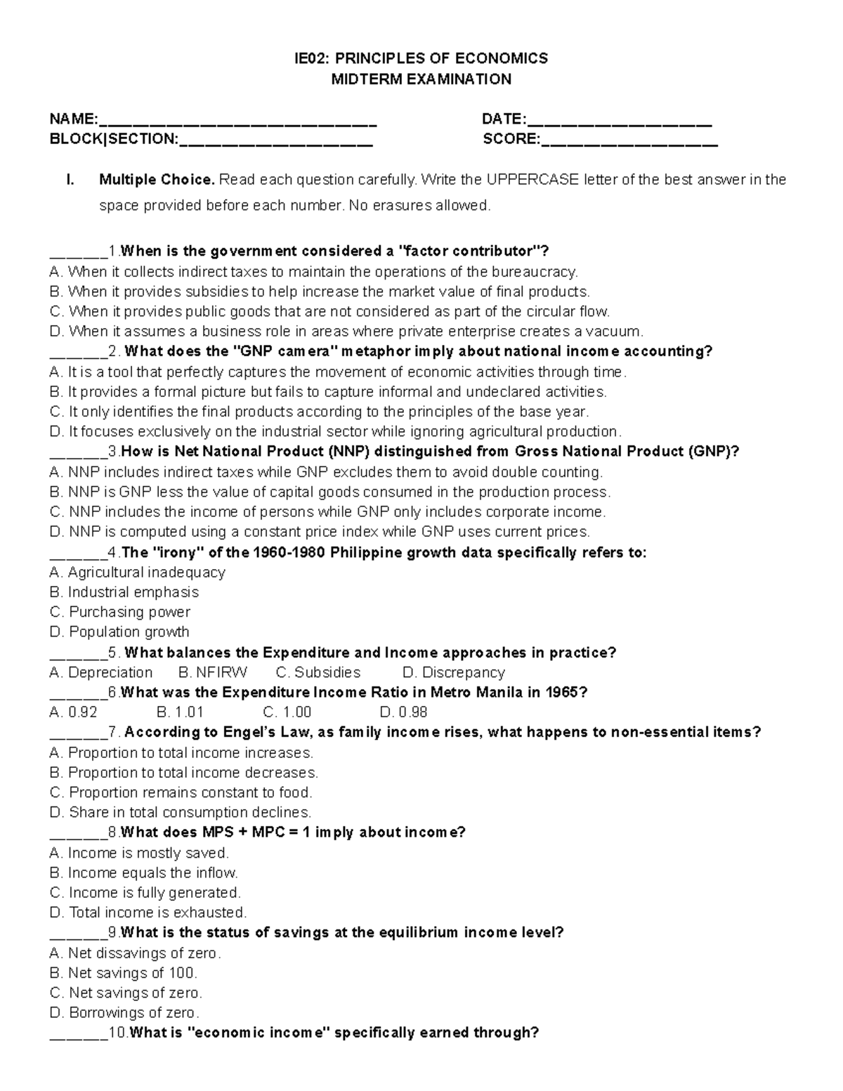 IE02: PRINCIPLES OF ECONOMICS MIDTERM EXAM MULTIPLE CHOICE QUESTIONS ...