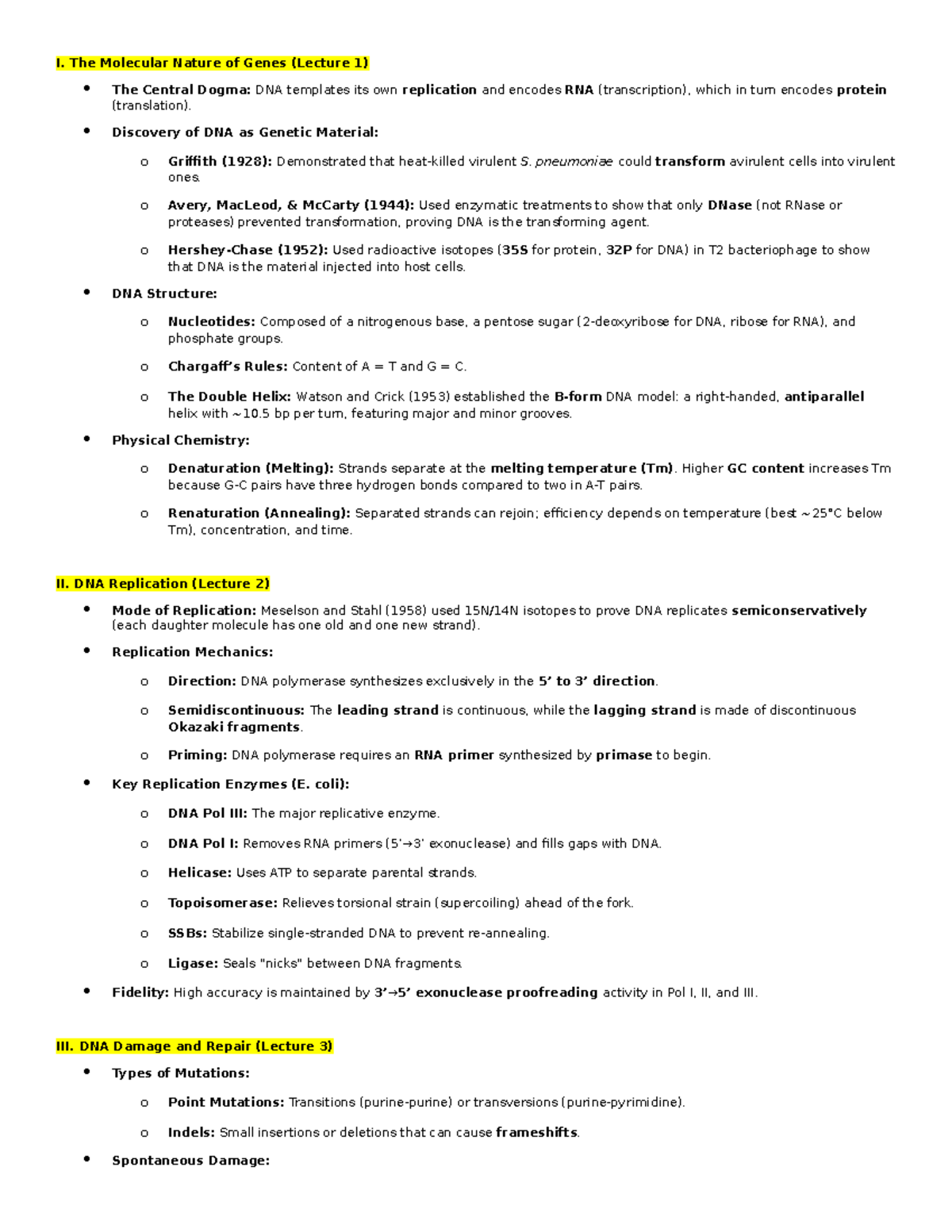 Biol 367 Lecture Summary: Molecular Genetics and Gene Expression (1-20 ...