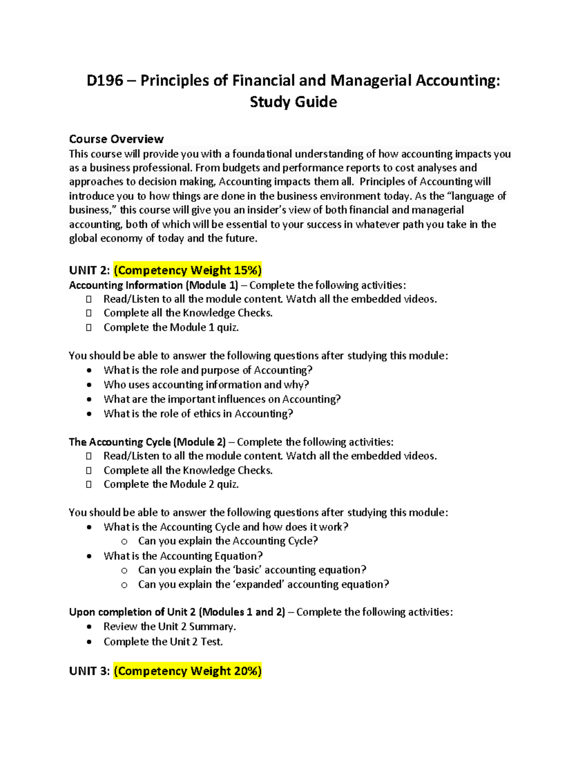 D196 Principles of Financial & Managerial Accounting: Study Guide - Studocu