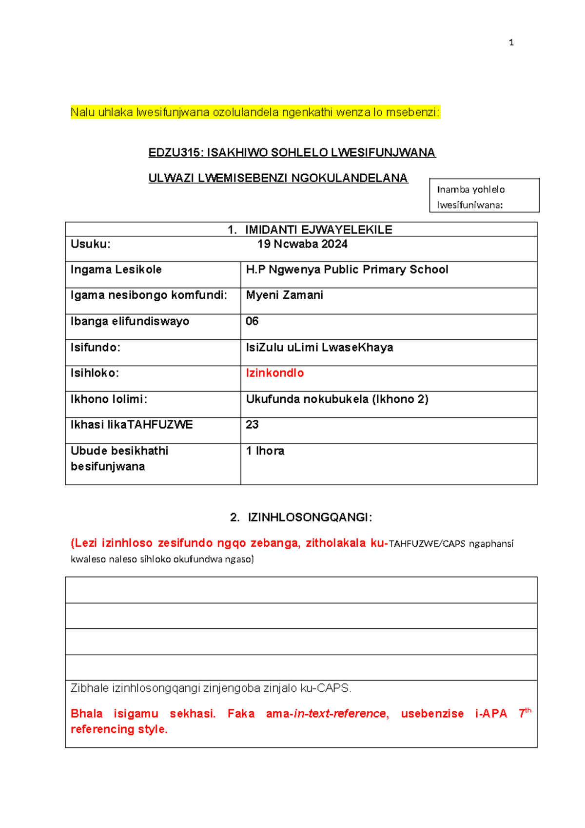 EDZU315 Lesson Plan: IsiZulu LwaseKhaya - Izinkondlo Overview - Studocu