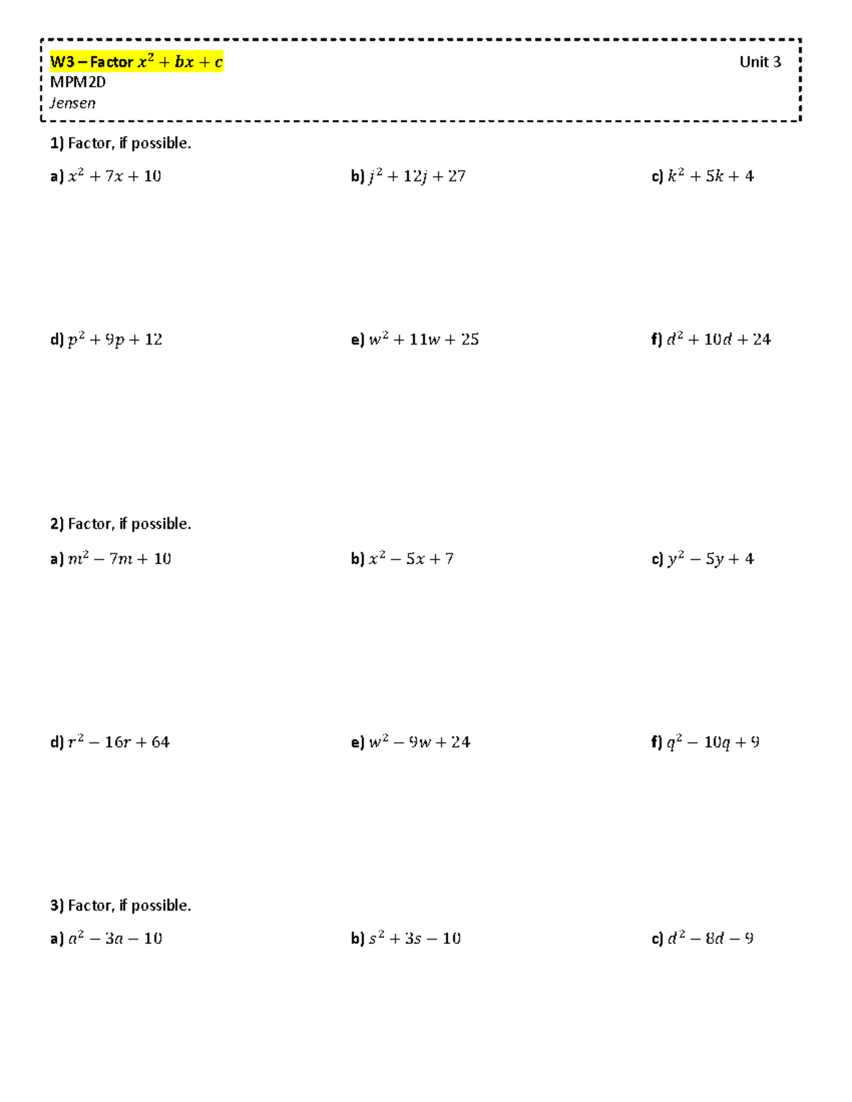 W3 - Factoring Quadratic Expressions MPM2D - Studocu