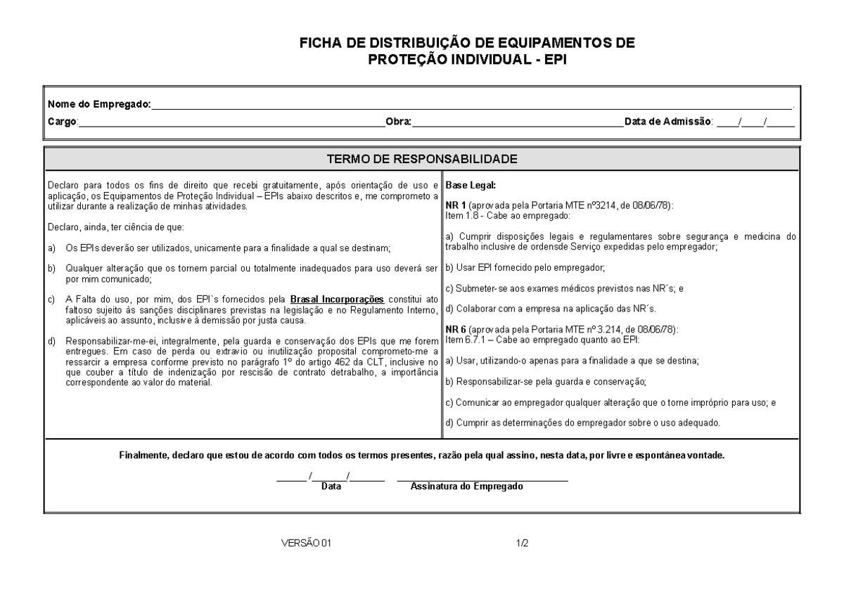 Ficha de Distribuição de EPI e Termo de Responsabilidade - NR 1 e NR 6 ...