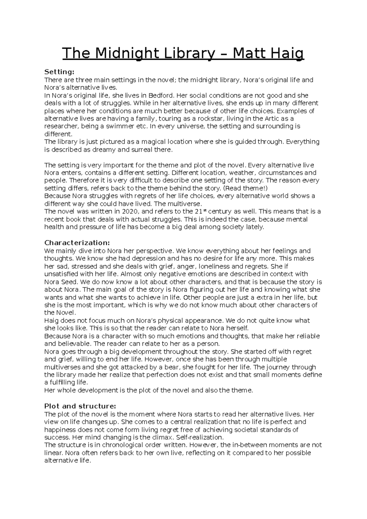 Book Analysis: The Midnight Library (TERM 1) - Studeersnel