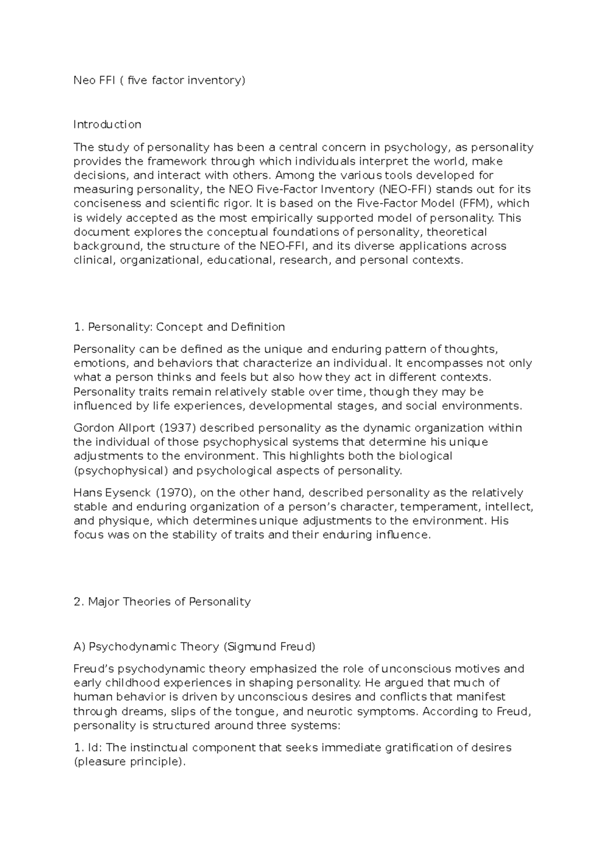NEO FFI (Five Factor Inventory) Overview and Applications - Studocu