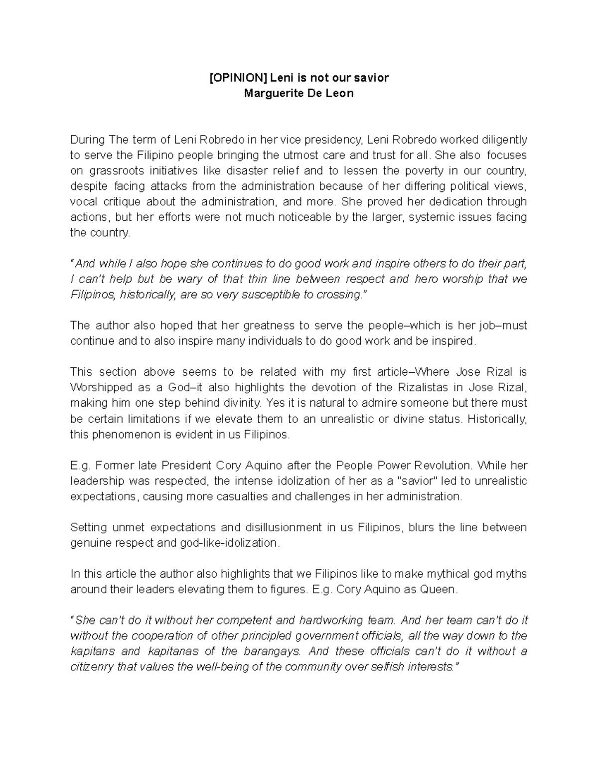 [ Opinion] Leni is not our savior - [OPINION] Leni is not our savior Marguerite De Leon During ...