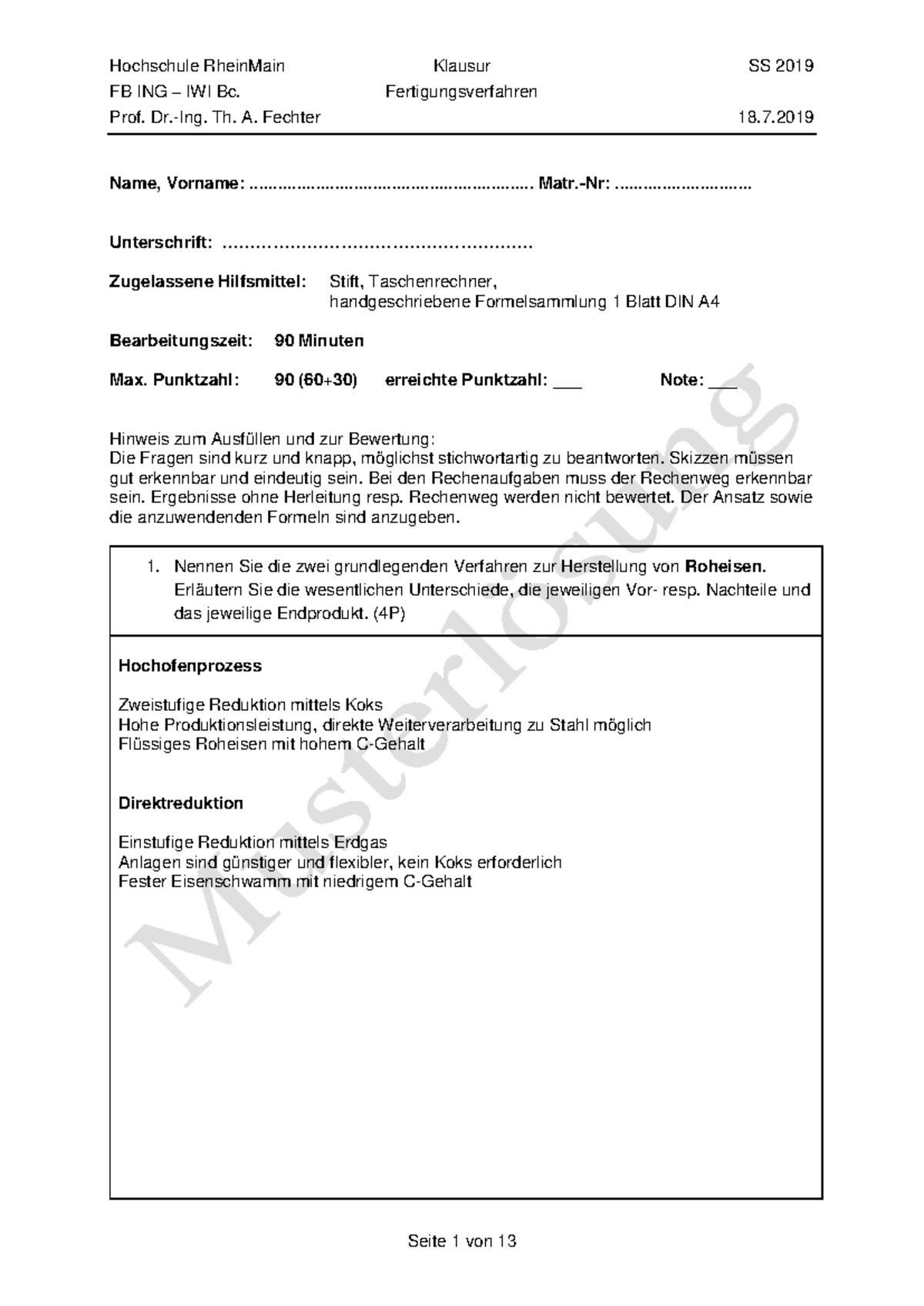 Klausur Fertigungsverfahren IWI FB ING SS 2019 - Musterlösung - Studocu