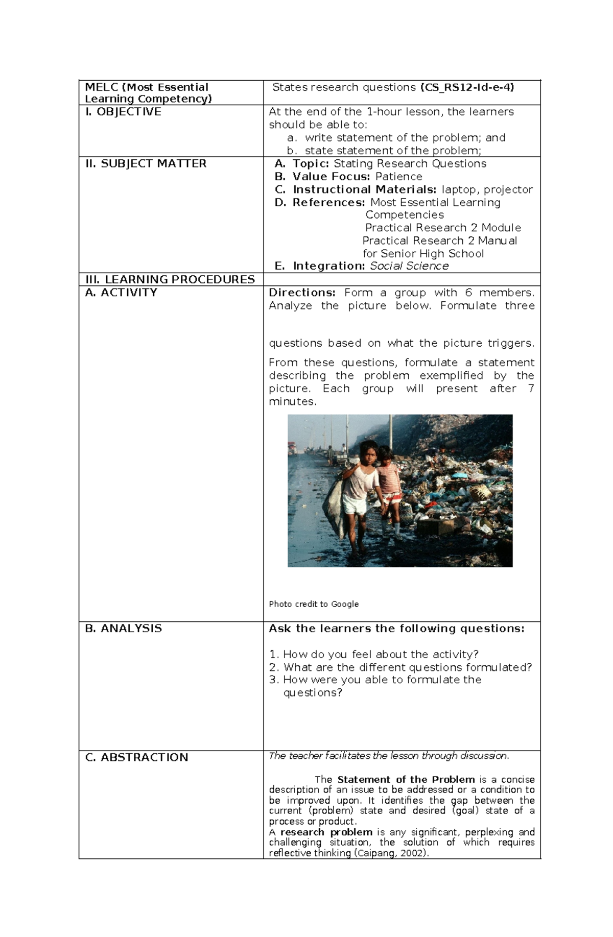MELC Practical Research 2: Formulating Research Questions Lesson Plan ...