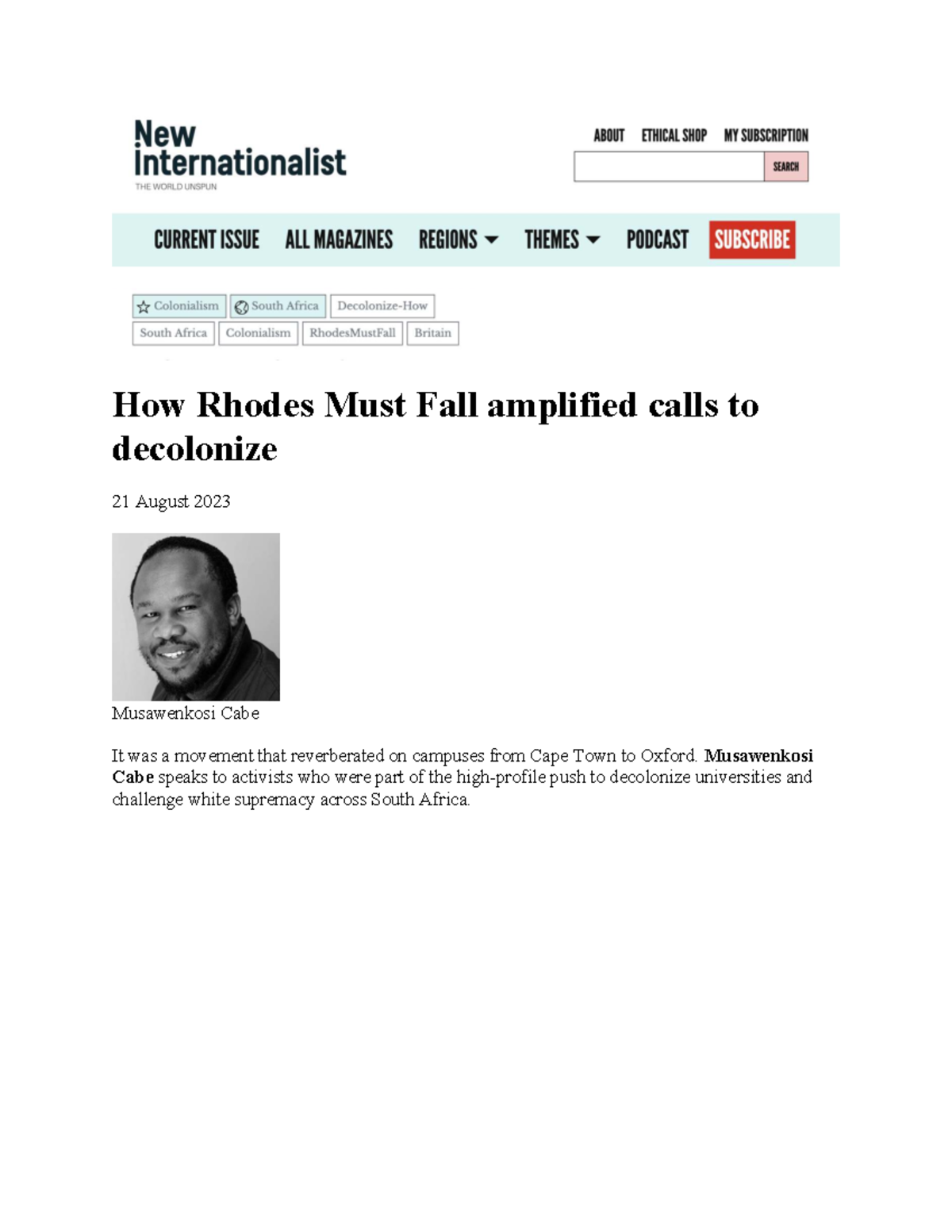 Decolonization and Activism: The Impact of Rhodes Must Fall (RHODES 5 ...
