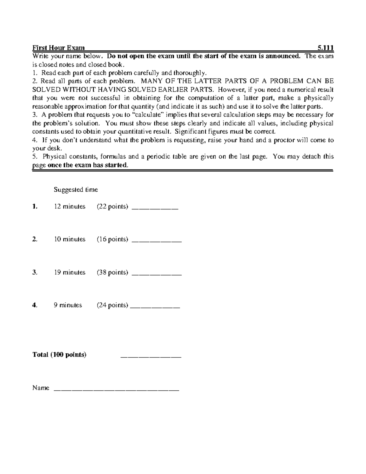 PHYS 101: First Hour Exam Instructions and Problems - Studocu
