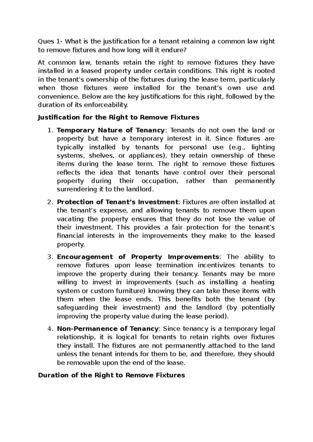 LAW 301 - Session 3: Tenant's Rights on Fixture Removal Explained - Studocu