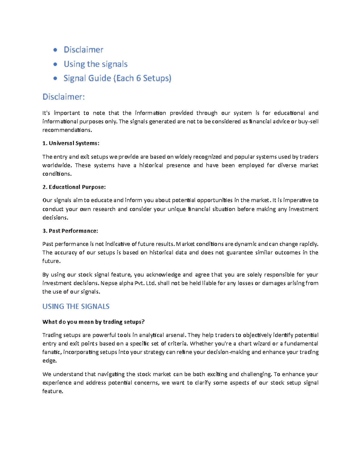Trading signal setup guide - • Disclaimer • Using the signals • Signal ...