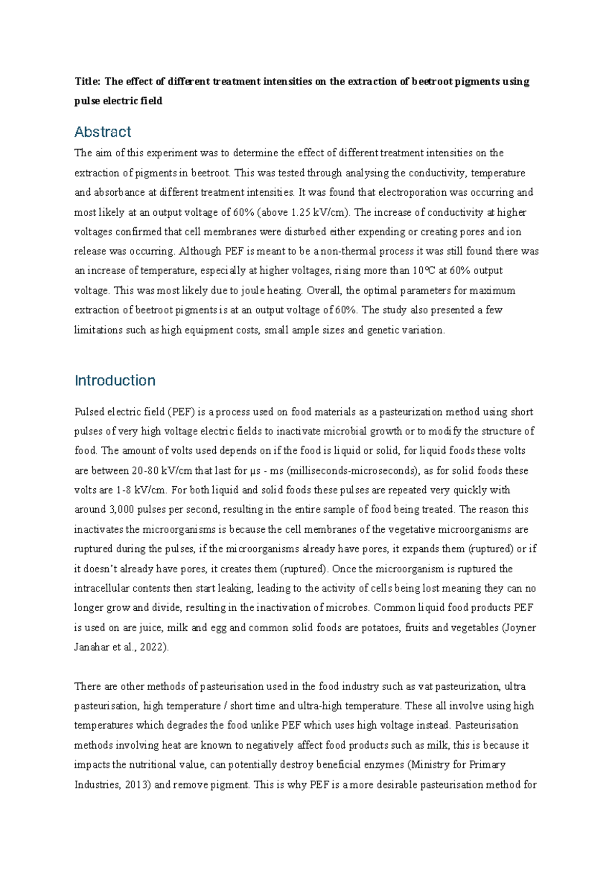 PEF Lab Report: Impact of Treatment Intensities on Beetroot Pigment ...