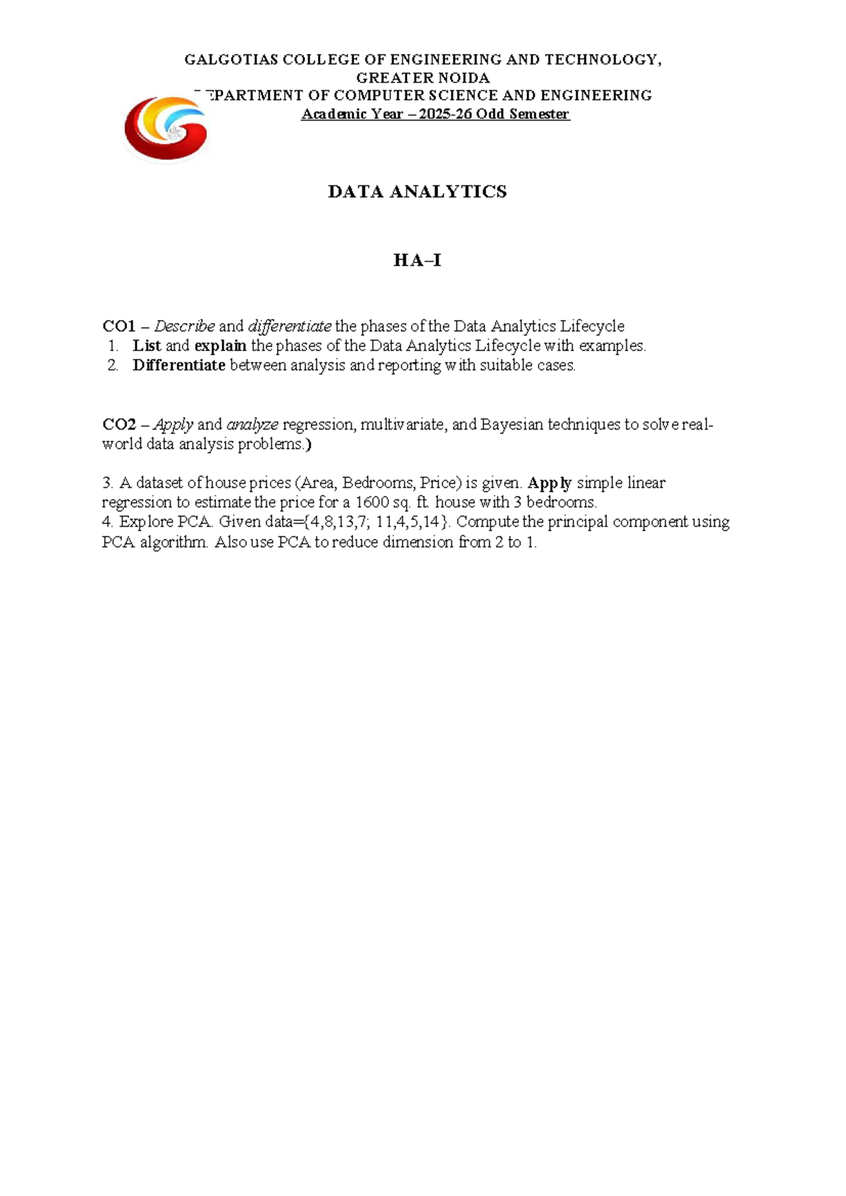 CSE301 Data Analytics Assignment 1: Lifecycle & Techniques - Studocu